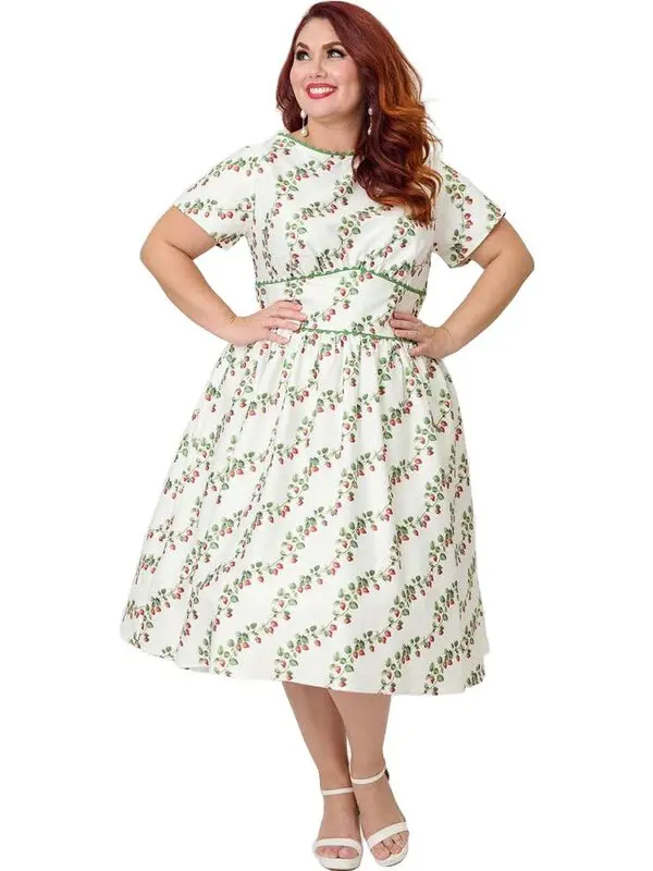 Unique Vintage Smocked Back Swing Dress - White W/strawberry Print