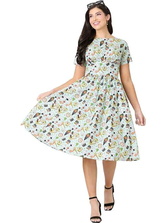 Unique Vintage Swing Dress With Smocked Back - Green Sushi Print