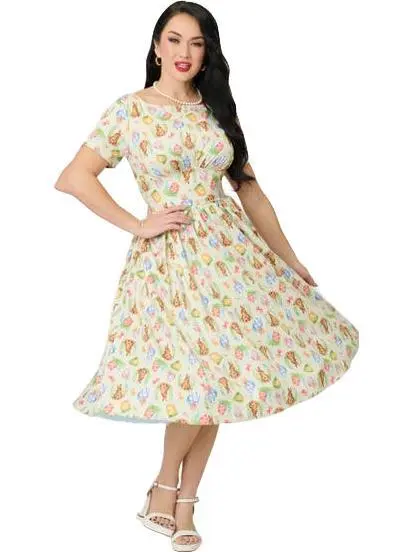 Unique Vintage Swing Dress With Smocked Back - Green W/bunny Print