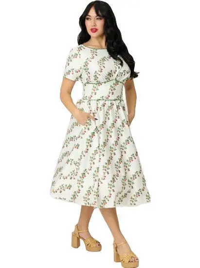 Unique Vintage Swing Dress With Smocked Back - White W/strawberry Print