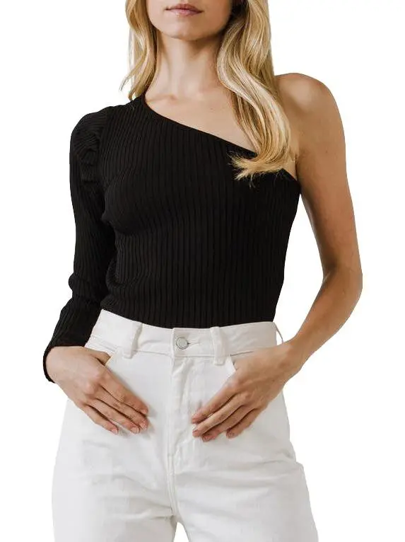 Endless Rose One-shoulder Ribbed Knit Crop Top - Black