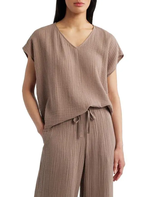 Eileen Fisher V-neck Dolman Sleeve Organic Cotton Gauze Top - Cocoa