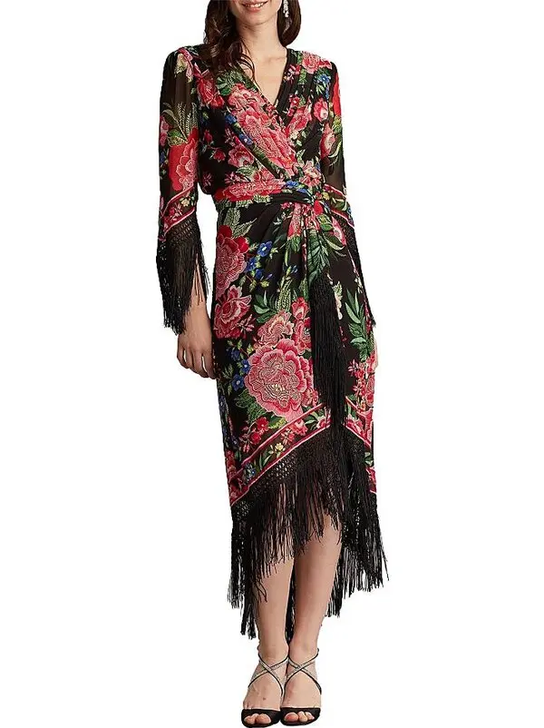 Tadashi Shoji Mair Floral-print Wrap Dress With Tassel Fringe - Black