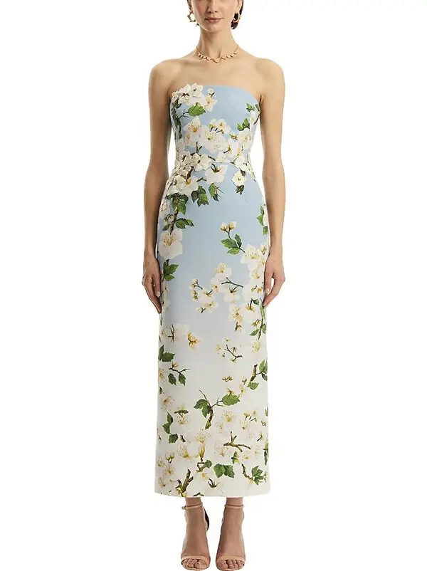 Oscar De La Renta Cherry Blossom Embroidered Gown - White Blue Ombre