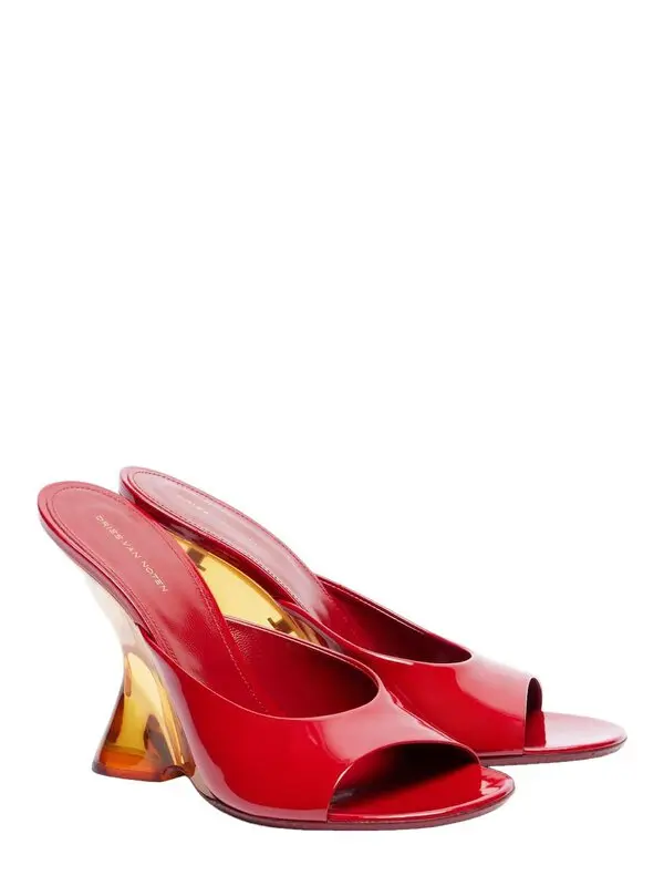Dries Van Noten Patent Leather Wedge Mules - Red