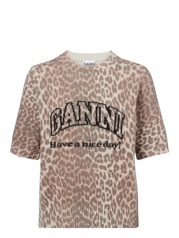 GANNI Leopard-print Wool-blend Top - Brown