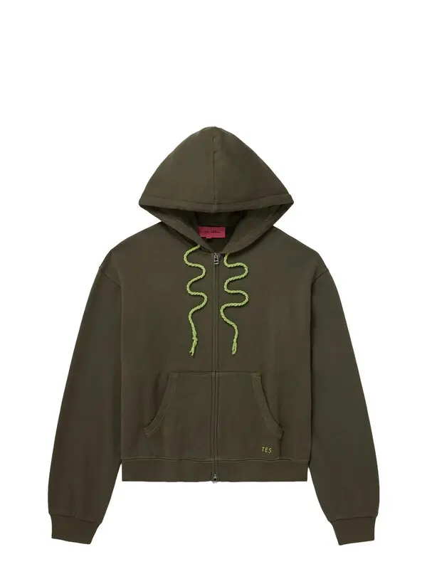 THE ELDER STATESMAN Embroidered Cotton And Cashmere-blend Jersey Zip-up Hoodie - Green