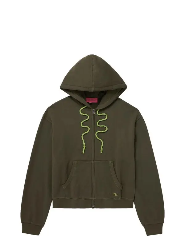 THE ELDER STATESMAN Embroidered Cotton And Cashmere-blend Zip-up Hoodie - Green