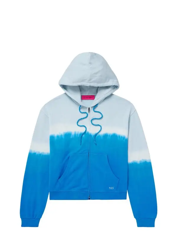THE ELDER STATESMAN Daily Embroidered Tie-dyed Zip-up Hoodie - Blue