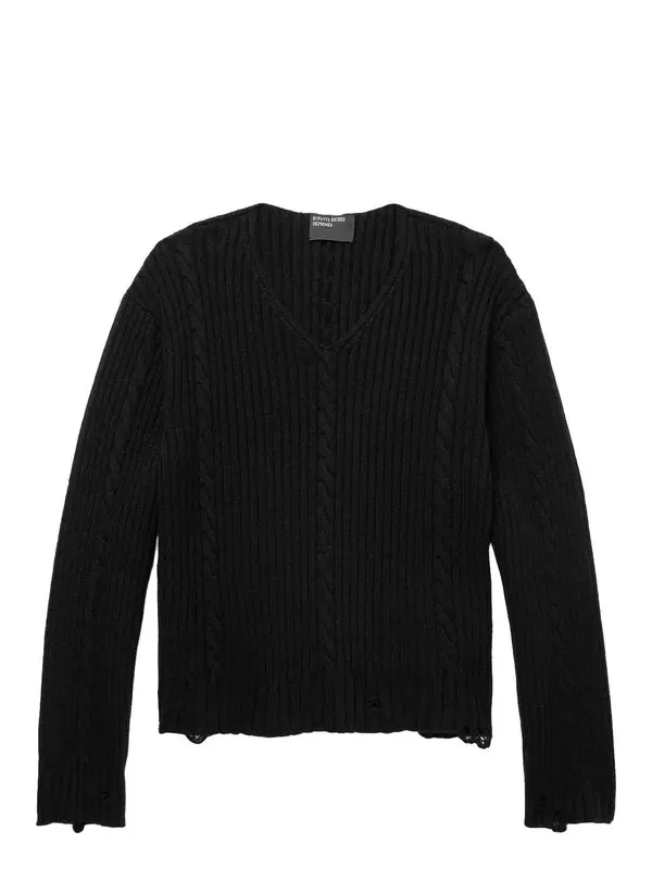 Enfants Riches Déprimés Distressed Ribbed Cable-knit Cashmere Sweater - Black