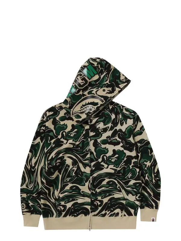 A BATHING APE Marbling Camo Shark Relaxed Fit Full Zip Hoodie - Green