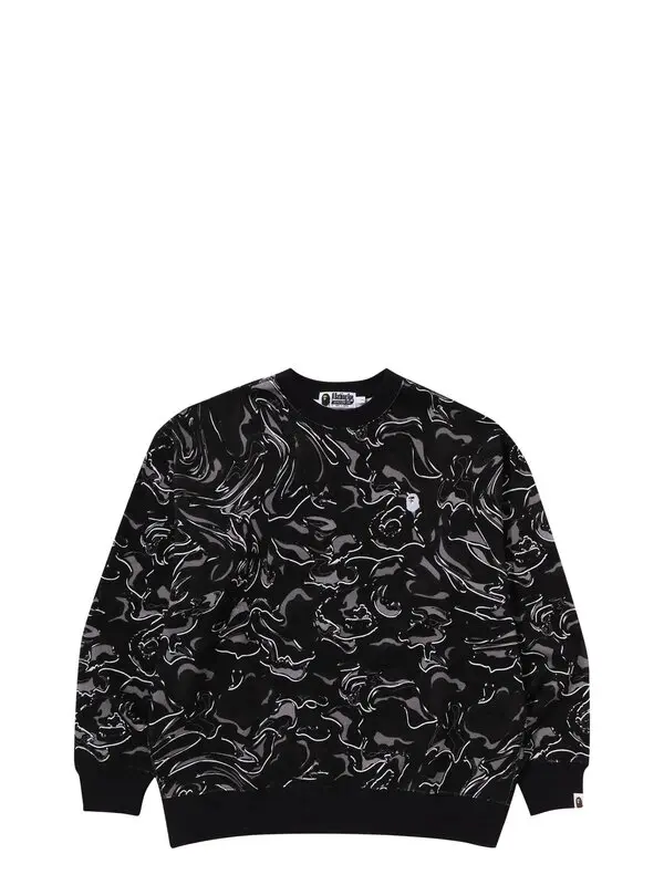 A BATHING APE Marbling Camo Logo Relaxed Fit Crewneck Sweatshirt - Black