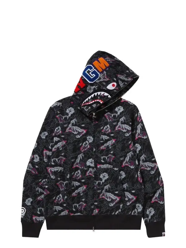 A BATHING APE Japanese Tattoo Camo Shark Hoodie - Black