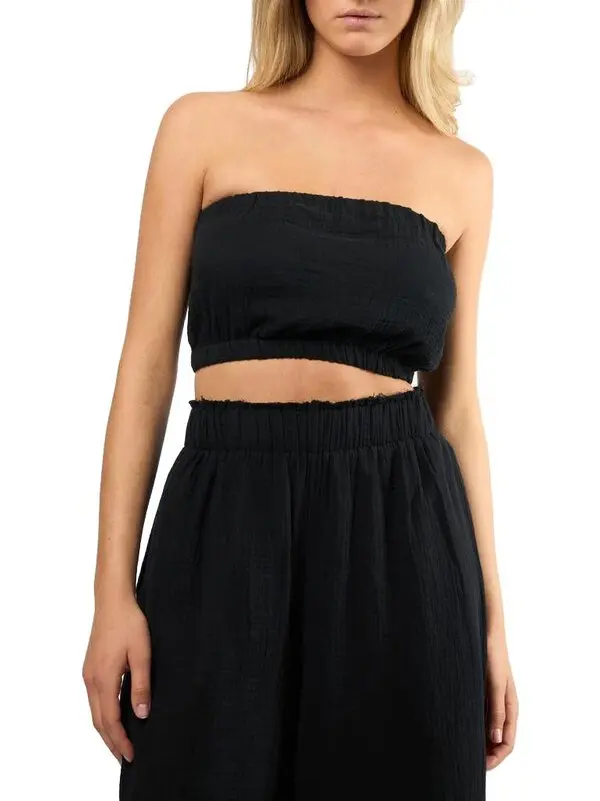 VIENS AVEC MOI Crinkle Strapless Cotton Gauze Crop Top - Black