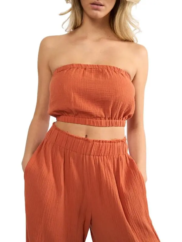 VIENS AVEC MOI Crinkle Strapless Cotton Gauze Crop Top - Terracotta