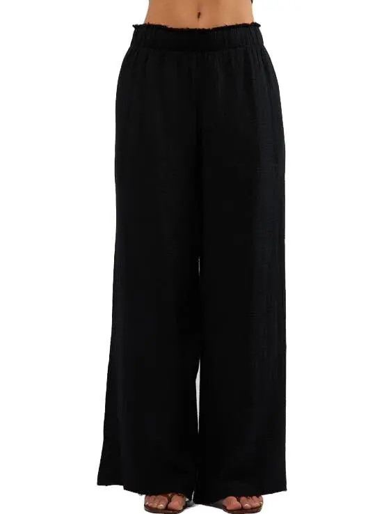 VIENS AVEC MOI Crinkle Cotton Gauze Wide Leg Pants - Black