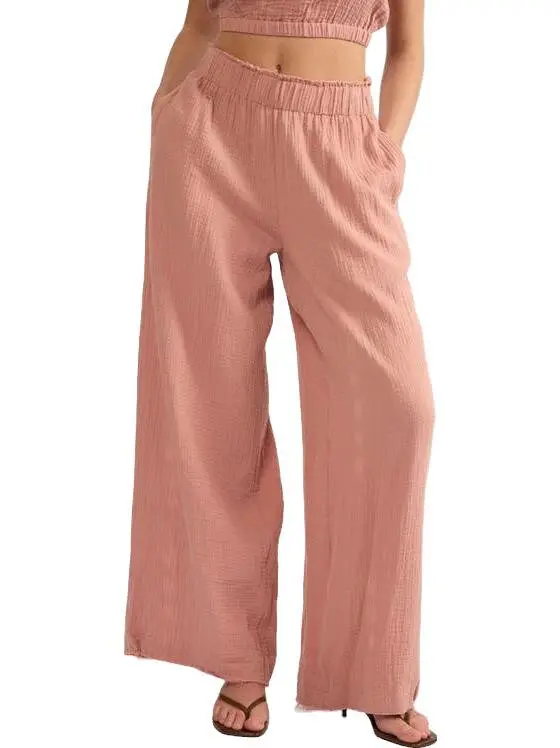 VIENS AVEC MOI Crinkle Cotton Gauze Wide Leg Pants - Rose