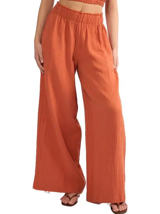 VIENS AVEC MOI Crinkle Cotton Gauze Wide Leg Pants - Terracotta