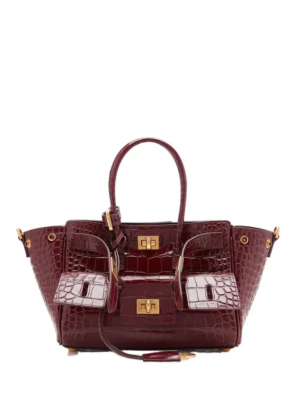 Balenciaga Bel Air Croc-embossed Leather Carry-all Bag - Burgundy