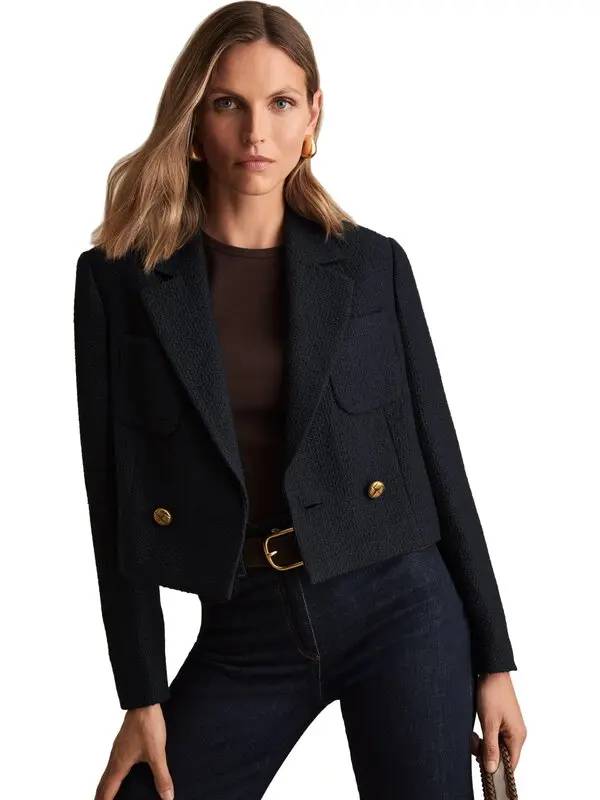 REISS Mia Textured Cropped Blazer - Navy