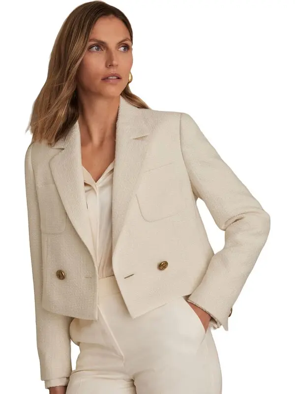 REISS Mia Textured Cropped Blazer - White