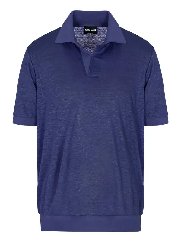 Giorgio Armani Short-sleeved Polo Shirt In Linen Jersey - Blue