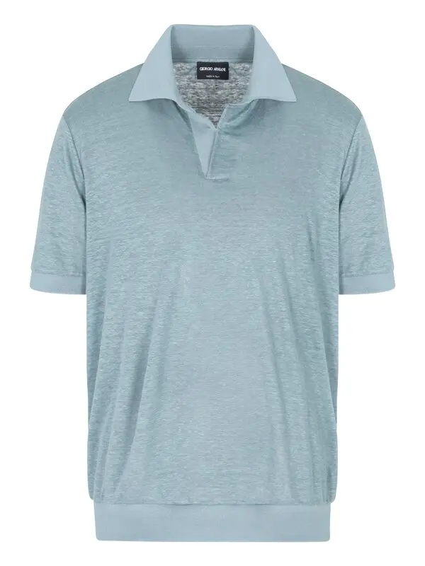 Giorgio Armani Short-sleeved Polo Shirt In Linen Jersey - Light Blue