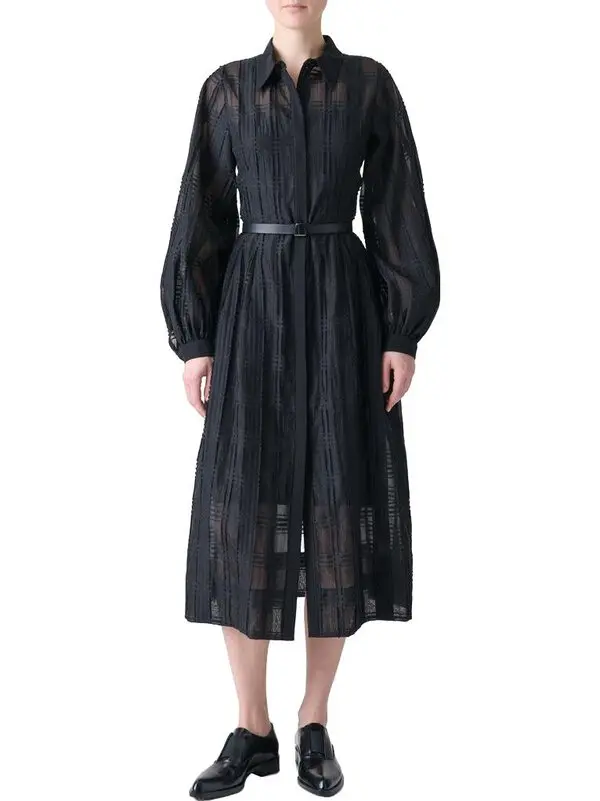 Akris Plaid Long Sleeve Organdy Midi Shirt Dress - Black