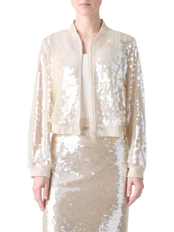 Akris Taide Sequin Mesh Bomber Jacket - Greige