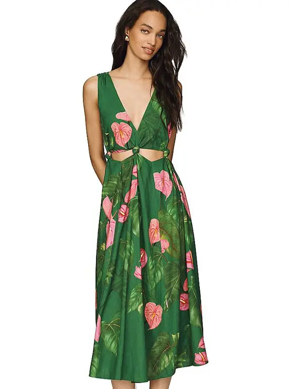 Farm Rio X Linen Blend V-neck Cutout Midi Dress - Anturio