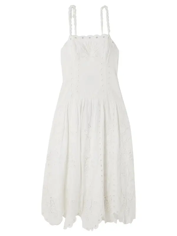 Farm Rio Richelieu Scalloped Broderie Anglaise Linen-blend Midi Dress - Off-white