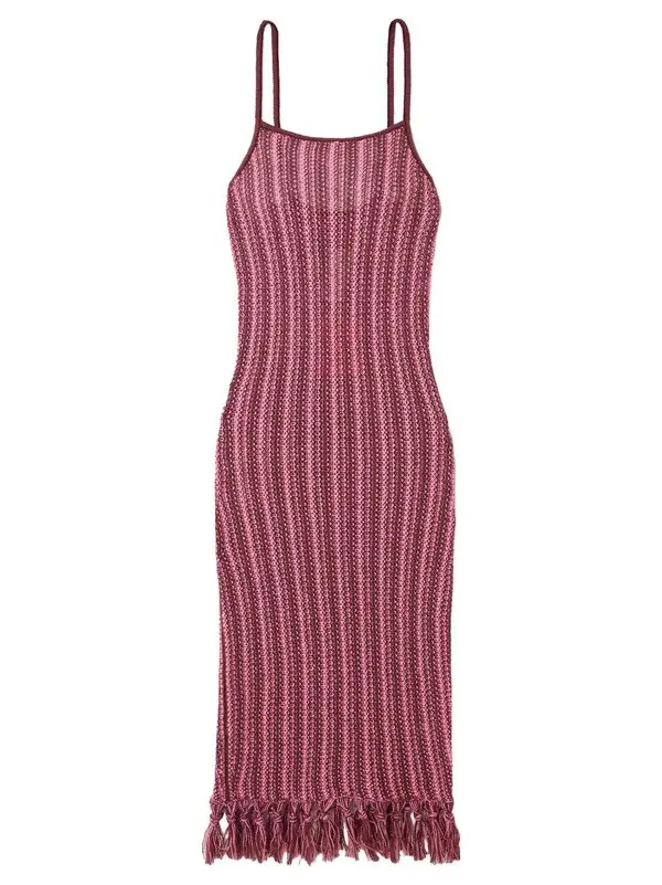 THE ELDER STATESMAN Fringed Striped Cotton Midi Dress - Pink