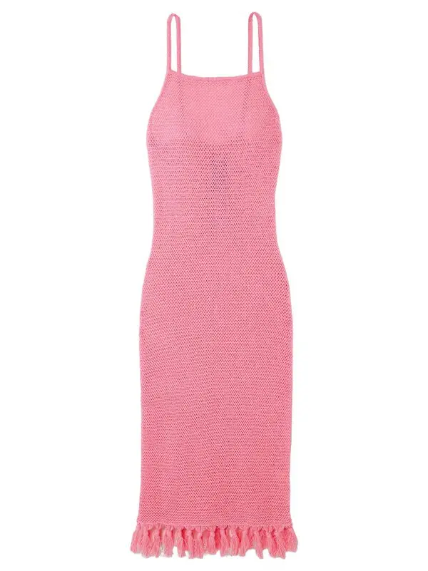 THE ELDER STATESMAN Fringed Open-knit Cotton Midi Dress - Pink