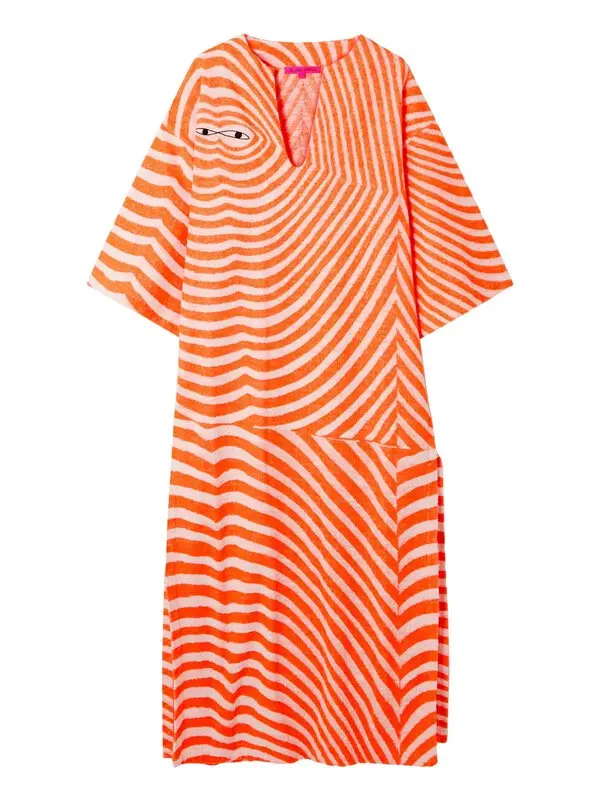 THE ELDER STATESMAN Embroidered Striped Cotton-terry Kaftan - Orange