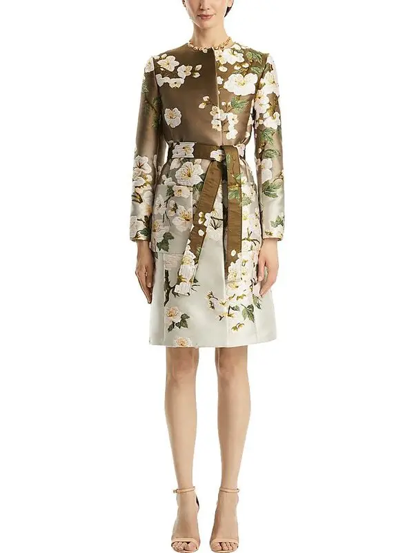 Oscar De La Renta Cherry Blossom Degrade Jacquard Coat - White Khaki Ombre