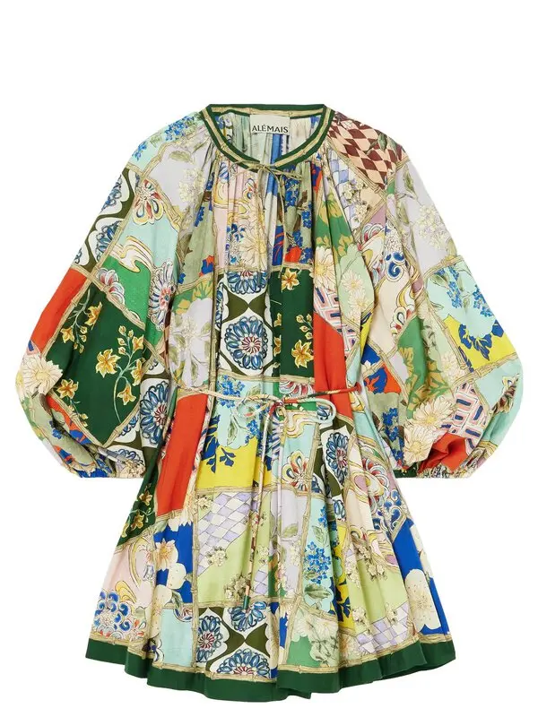 ALEMAIS Bianca Belted Gathered Printed Cotton And Silk-blend Voile Mini Dress - Multi