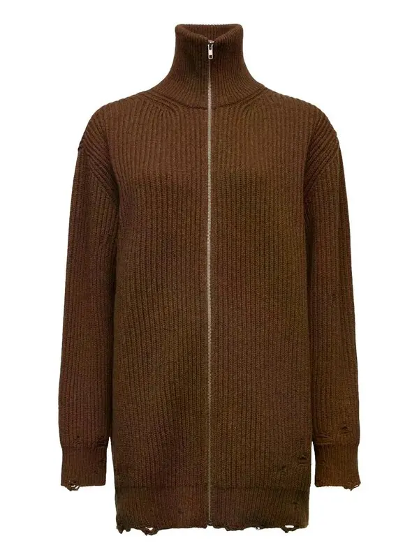 MAISON MARGIELA Ribbed Zip-up Cardigan - Brown