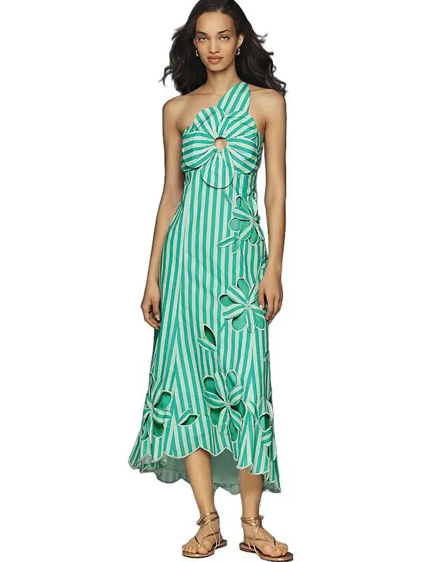 Anthropologie Amara One-shoulder Cutwork Midi Dress - Green Stripe