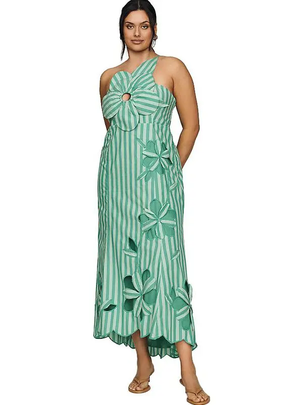 Anthropologie Amara One-shoulder Cutwork Midi Dress - Green Stripe