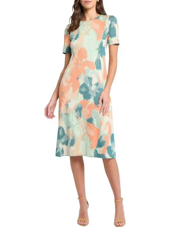 Misook Printed Puff Sleeve Dress - Paradise Green/ Biscotti