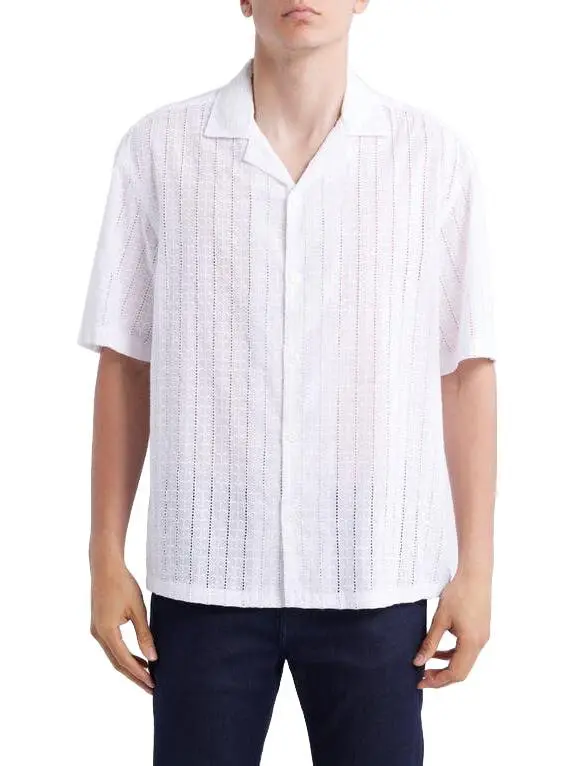 BOSS Lars Pointelle Stripe Camp Shirt - White