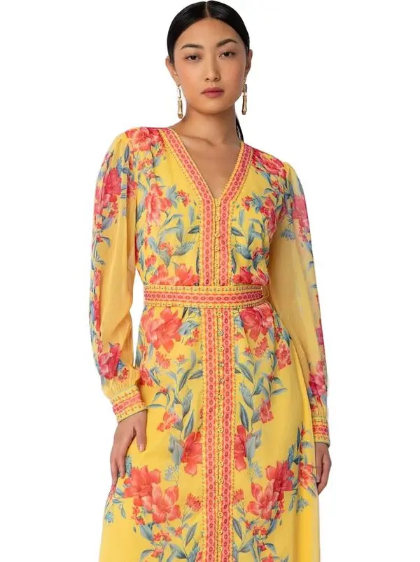 RAISHMA Floral Print Midi Dress With Trim Detail - Yelow Floral Print
