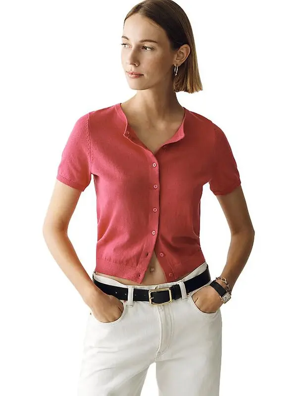 Anthropologie Cotton Cashmere Short-sleeve Crew-neck Cardigan - Flamboyant