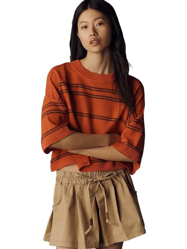 Anthropologie Goldie Striped Linen Blend Crew Neck Sweater - Brown Stripe