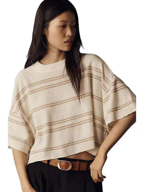Anthropologie Goldie Striped Linen Blend Crew Neck Sweater - Snow