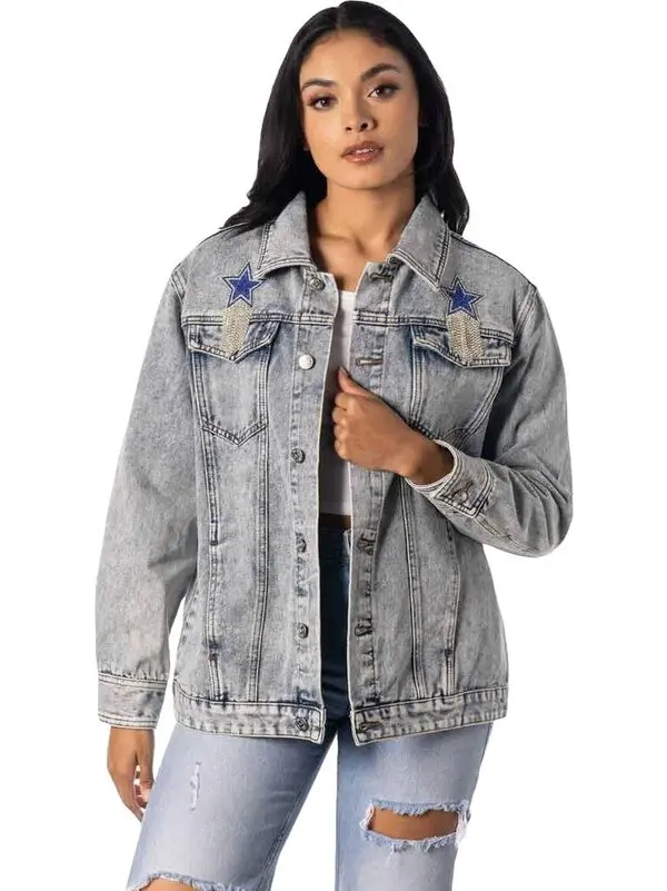 THE WILD COLLECTIVE Dallas Cowboys Rhinestone Sequin Fringe Jacket - Denim