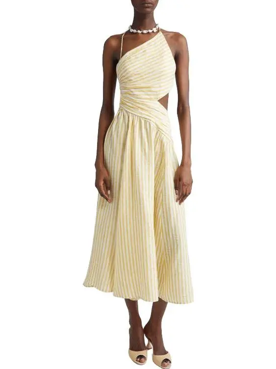 Zimmermann Cascadian Stripe Cutout Asymmetric Linen Dress - Yellow Stripe