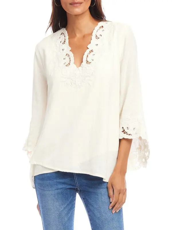 Karen Kane Appliqué Flare Sleeve High-low Top - Cream