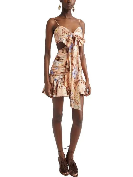 Zimmermann Floral Print Bow Detail Mini Dress - Peach Multi Floral