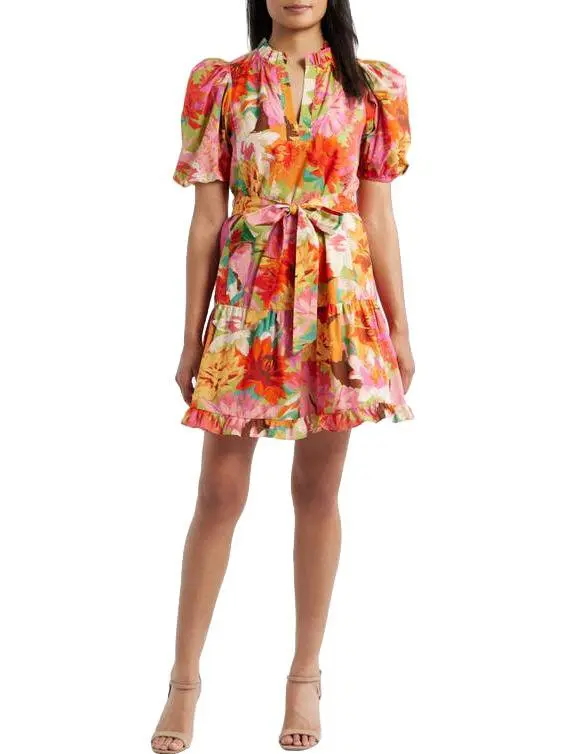 Vince Camuto Floral Bubble Sleeve Cotton Dress - Orange Multi